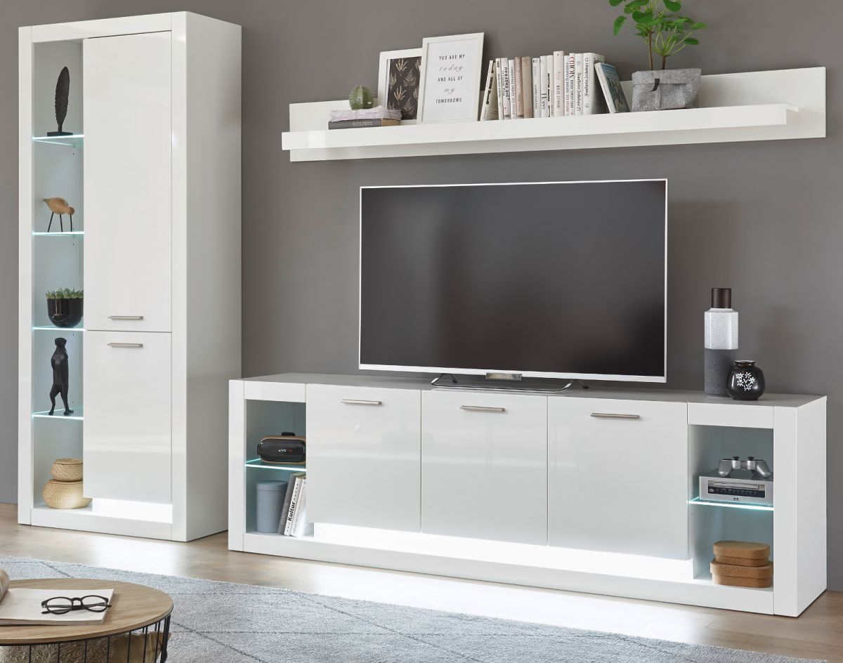 Wohnwand "Ladis" in weiß Hochglanz 298 x 198 cm